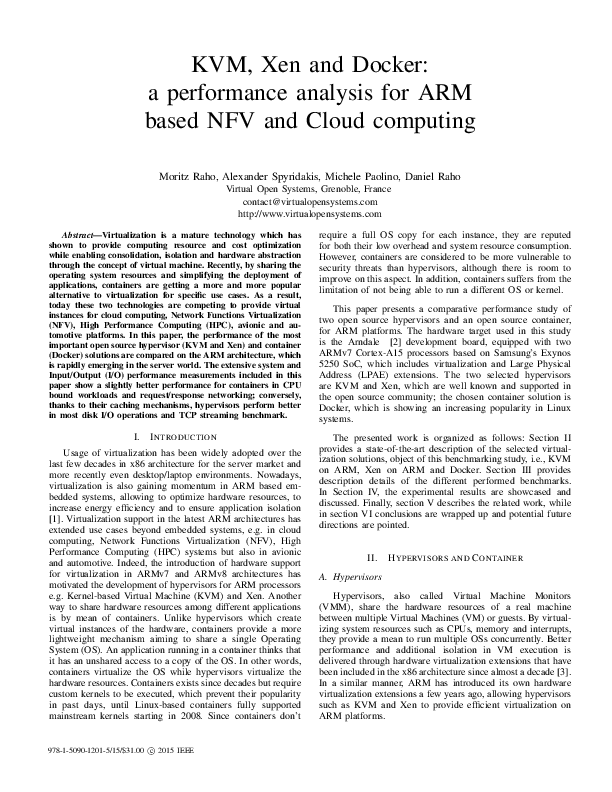 Pdf Kvm Xen And Docker A Performance Analysis For Arm Based Nfv And Cloud Computing