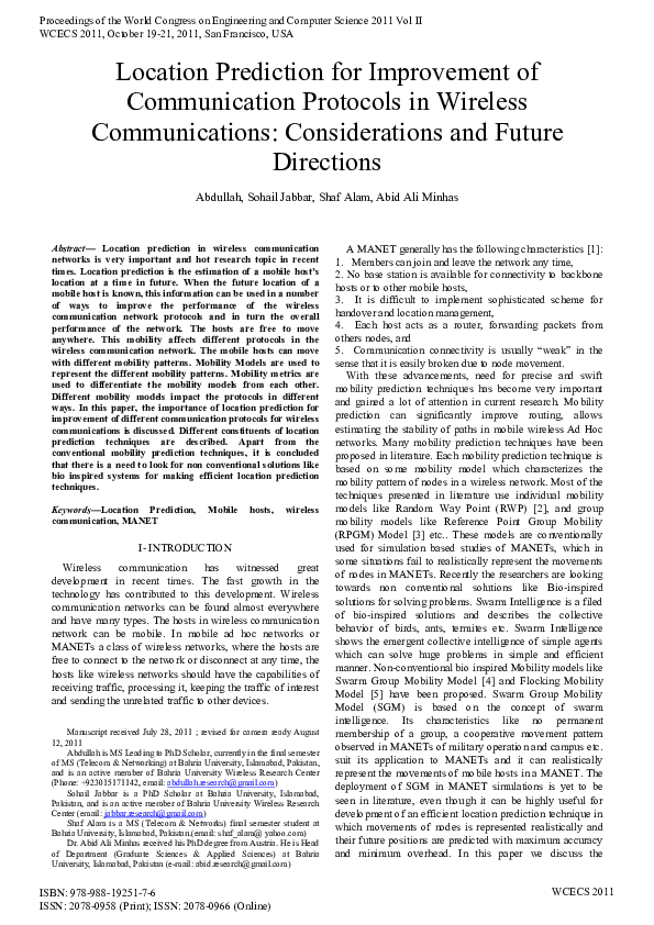 (PDF) Location Prediction for Improvement of Communication Protocols in Wireless Communications ...