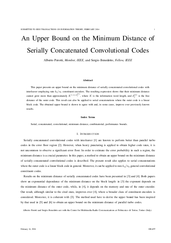 (PDF) An upper bound on the minimum distance of serially concatenated convolutional codes