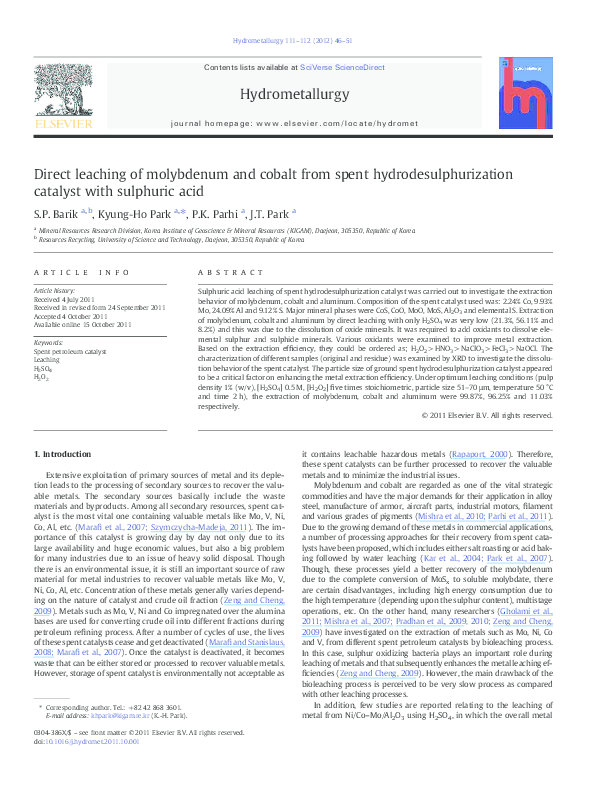 (PDF) Direct leaching of molybdenum and cobalt from spent ...