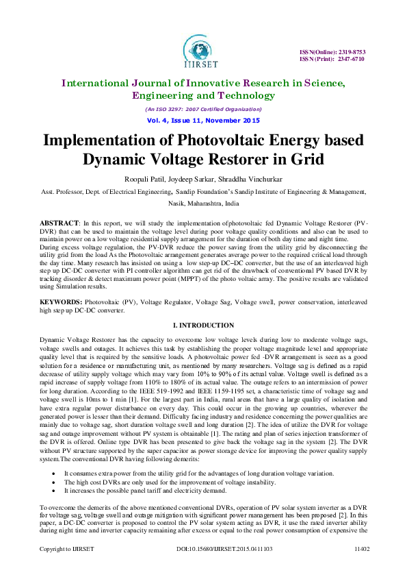 Pdf Implementation Of Photovoltaic Energy Based Dynamic Voltage Restorer In Grid Joydeep