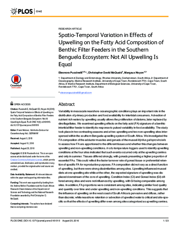 (PDF) Spatio-Temporal Variation in Effects of Upwelling on the Fatty Acid Composition of Benthic ...