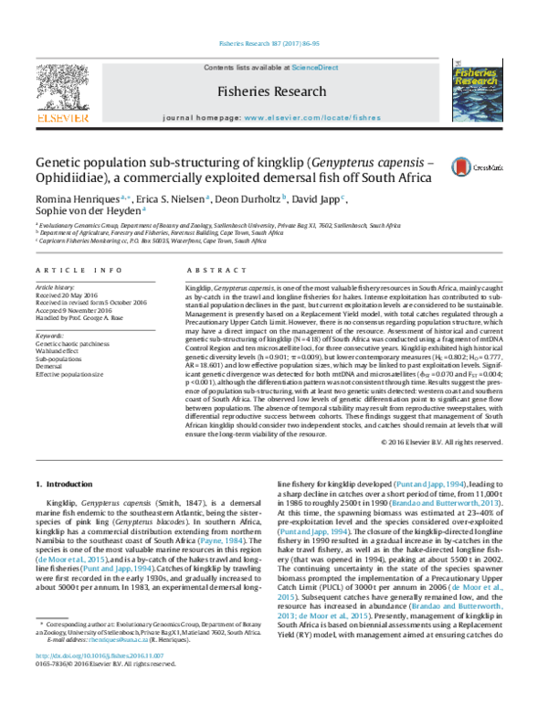 Pdf Genetic Population Sub Structuring Of Kingklip Genypterus
