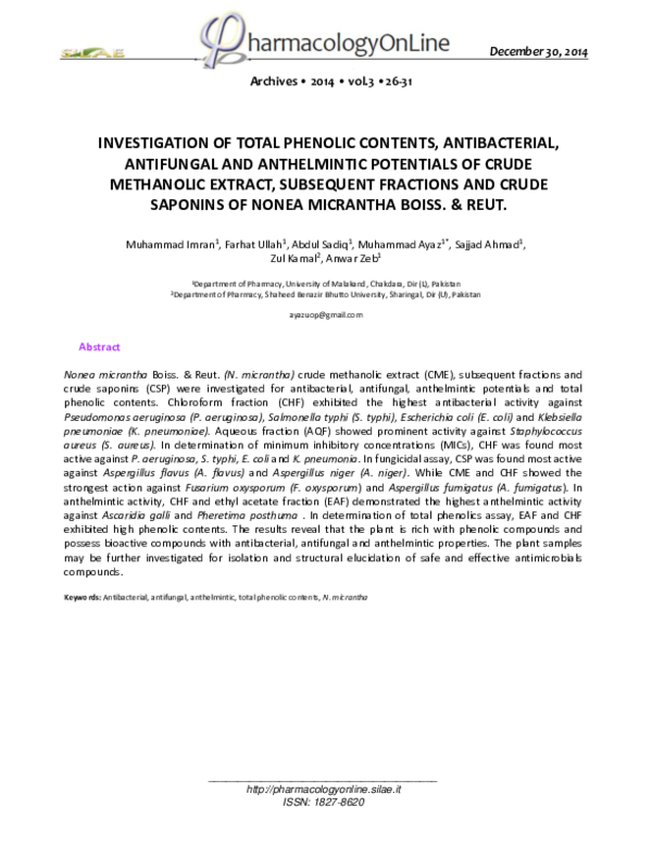 (PDF) INVESTIGATION OF TOTAL PHENOLIC CONTENTS, ANTIBACTERIAL, ANTIFUNGAL AND ANTHELMINTIC ...