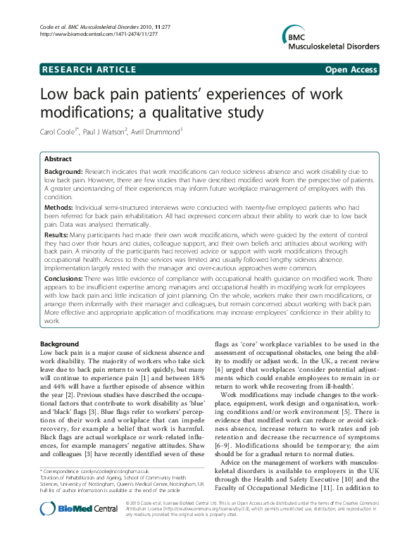 (PDF) Low back pain patients' experiences of work modifications; A ...