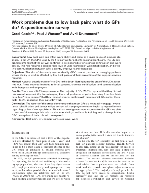(PDF) Work problems due to low back pain: what do GPs do? A ...