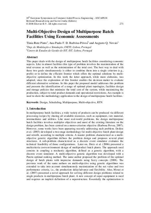 (PDF) Multi-objective design of multipurpose batch facilities using economic assessments