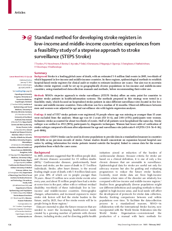 (PDF) Standard method for developing stroke registers in low-income and ...