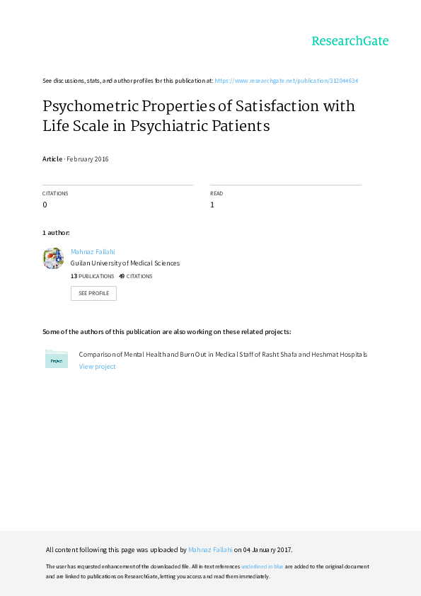 (PDF) Psychometric Properties of Satisfaction with Life Scale in ...