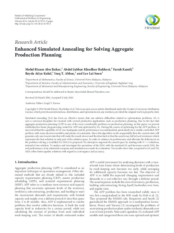 (PDF) Enhanced Simulated Annealing for Solving Aggregate Production Planning
