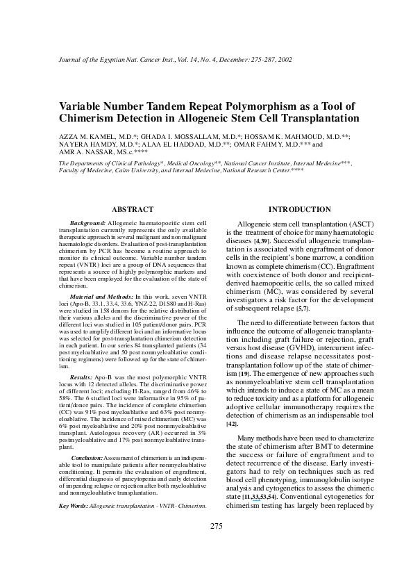 (PDF) Validation of chimerism in pediatric recipients of allogeneic ...