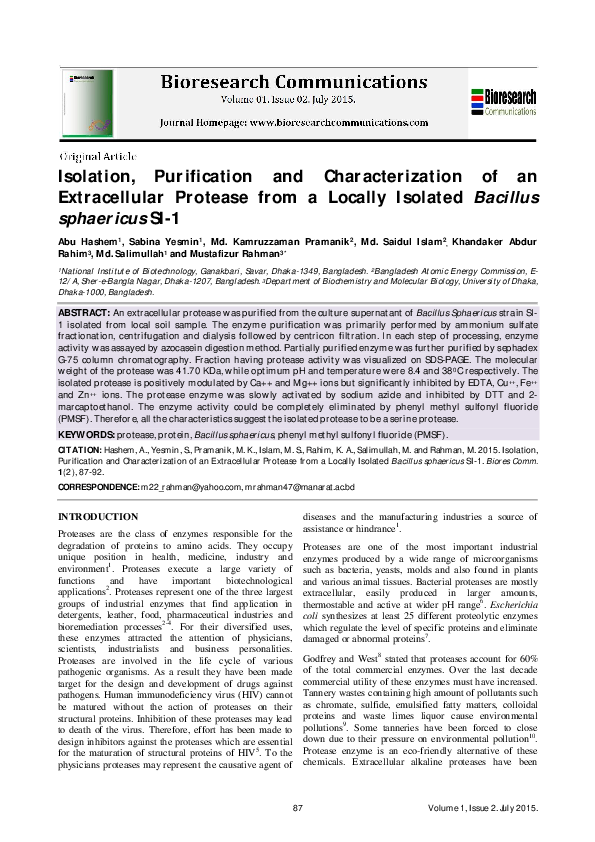 (PDF) Isolation, Purification and Characterization of an Extracellular Protease from a Locally ...