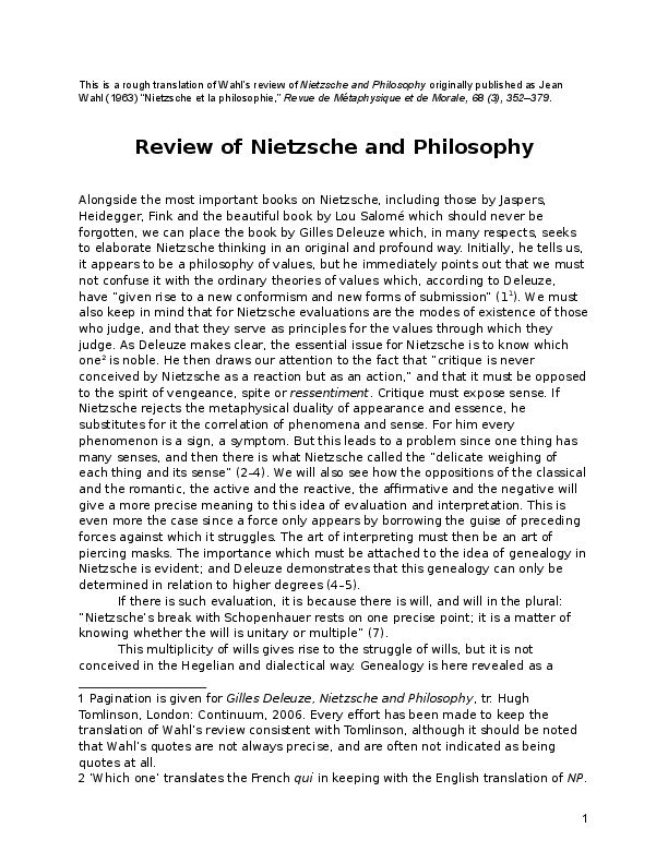 (DOC) Jean Wahl, Review of Deleuze's Nietzsche and Philosophy (Rough ...