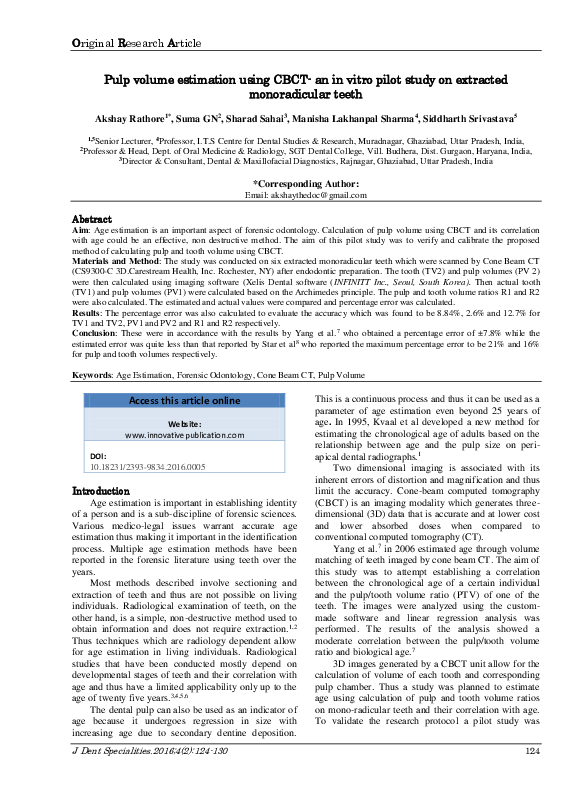 (PDF) Pulp volume estimation using CBCT-an in vitro pilot study on ...