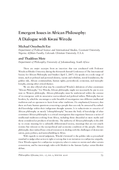 (PDF) Emergent Issues in African Philosophy: A Dialogue With Kwasi Wiredu