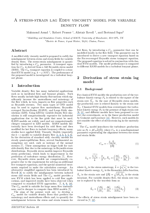 (PDF) A stress-strain lag Eddy viscosity model for variable density flow