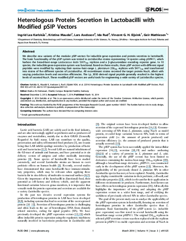 (PDF) Heterologous Protein Secretion in Lactobacilli with Modified pSIP ...