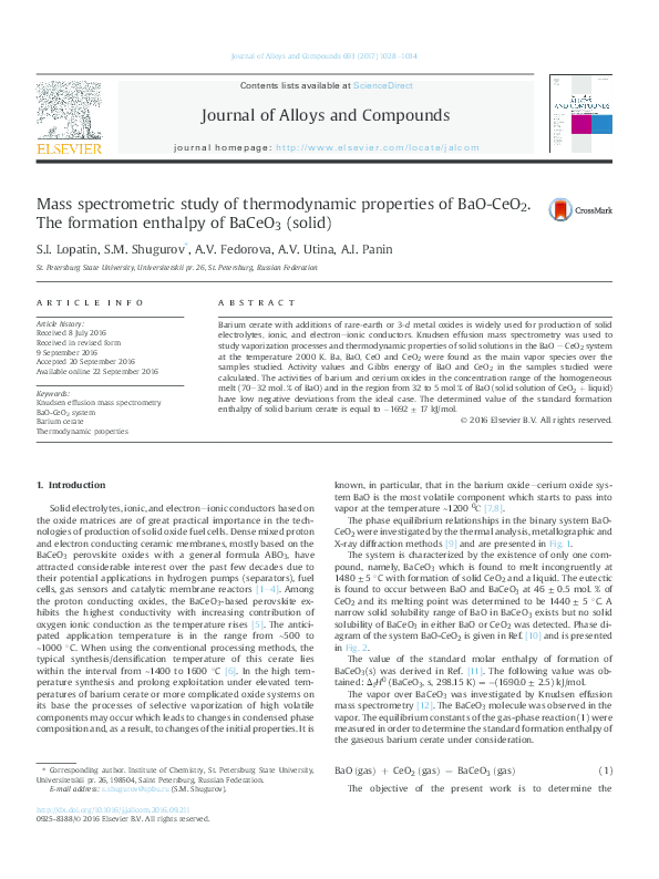 (PDF) Mass spectrometric study of thermodynamic properties of BaO-CeO 2 ...