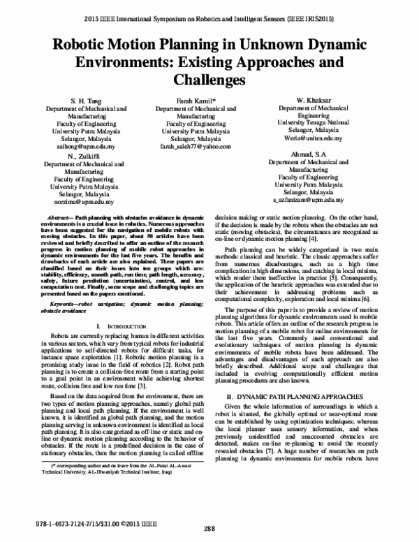 (PDF) Robotic Motion Planning in Unknown Dynamic Environments: Existing ...