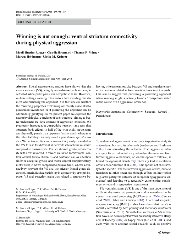 (PDF) Winning is not enough: ventral striatum connectivity during ...