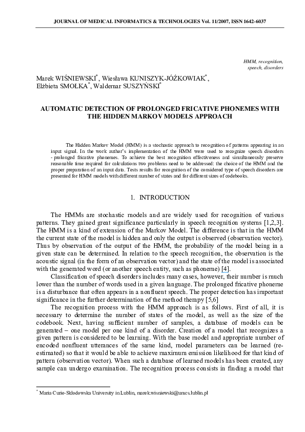 (PDF) Automatic detection of prolonged fricative phonemes with the Hidden Markov Models approach