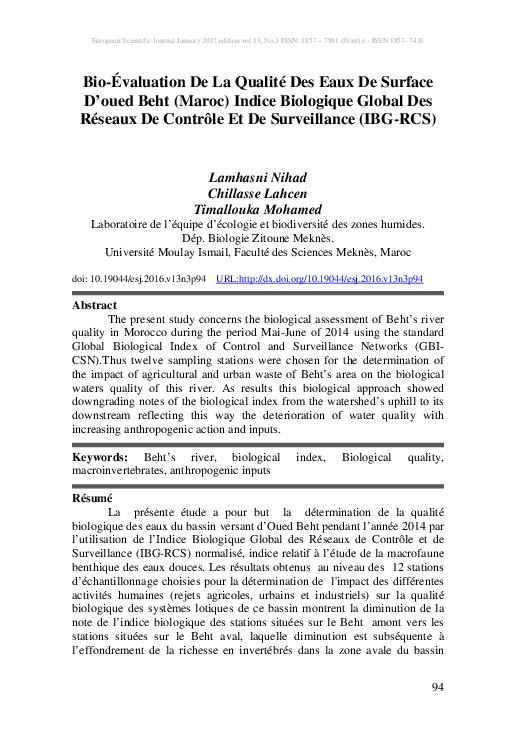 (PDF) Bio-Évaluation De La Qualité Des Eaux De Surface D'oued Beht ...