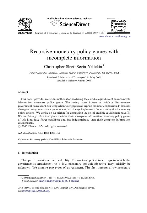 (PDF) Recursive monetary policy games with incomplete information