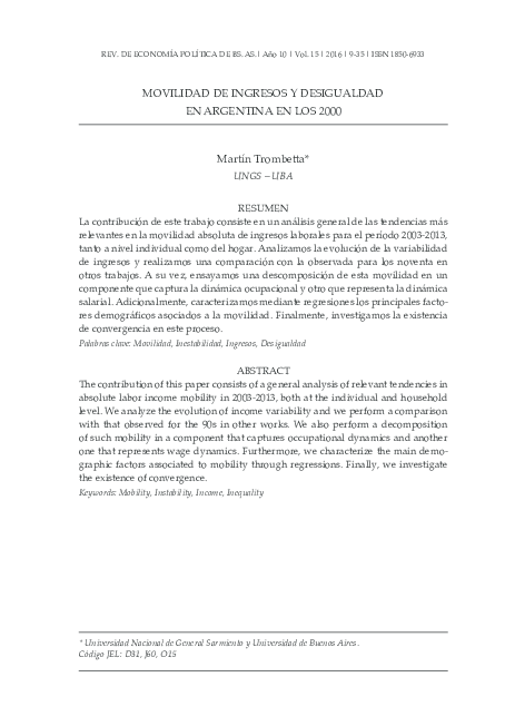 (PDF) Movilidad de ingresos y desigualdad en Argentina en los 2000