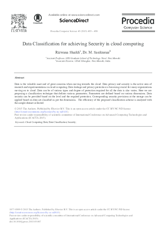(PDF) ScienceDirect Data Classification for achieving Security in cloud ...