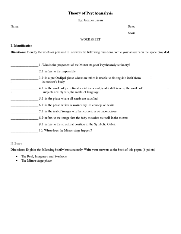 (DOC) Theory of Psychoanalysis (WORKSHEET)