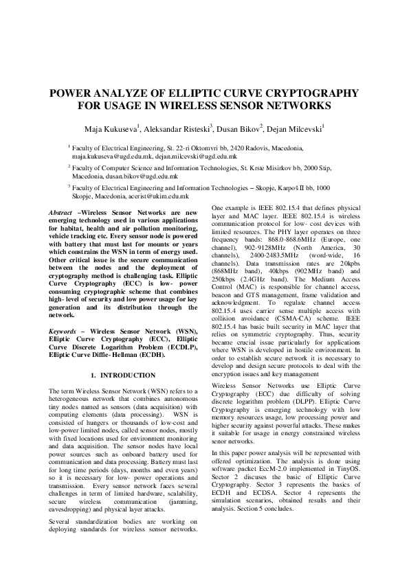 (PDF) Power Analyze of Elliptic Curve Cryptography for Usage in Wireless Sensor Networks