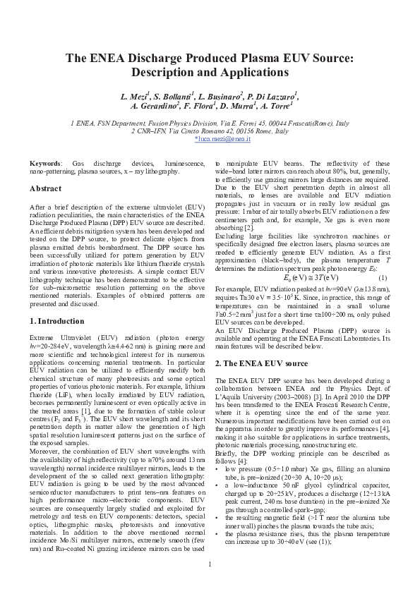 (PDF) The ENEA Discharge Produced Plasma EUV Source: Description and ...