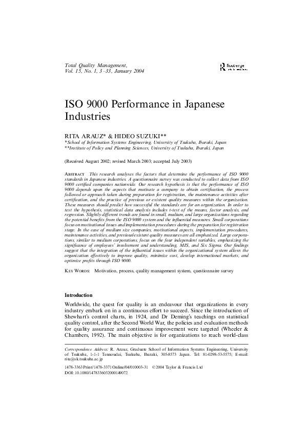 (PDF) ISO 9000 Performance in Japanese Industries