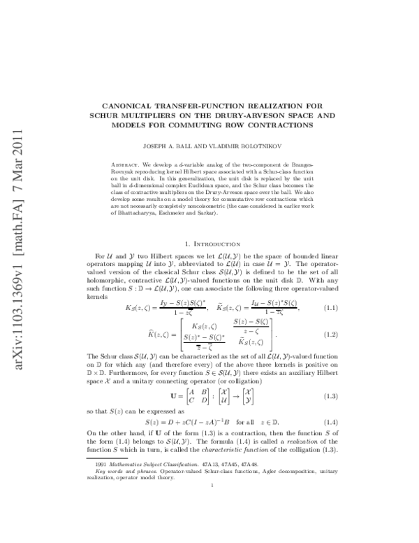 (PDF) Canonical transfer-function realization for Schur multipliers on the Drury-Arveson space ...