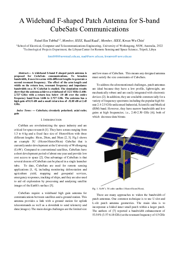 (PDF) A Wideband F-shaped Patch Antenna for S-band CubeSats Communications