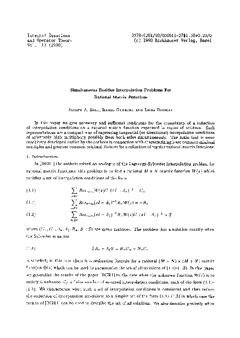 (PDF) Simultaneous residue interpolation problems for rational matrix functions