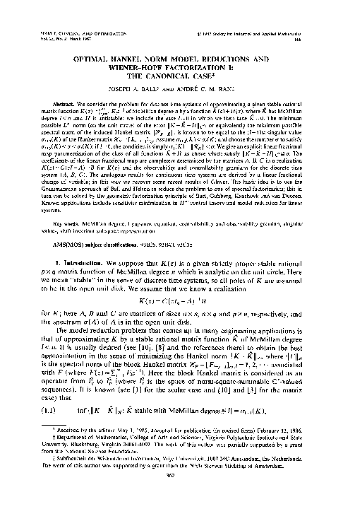 Pdf Optimal Hankel Norm Model Reductions And Wiener Hopf Factorization I The Canonical Case