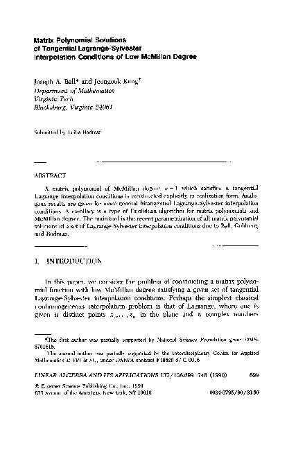 Pdf Matrix Polynomial Solutions Of Tangential Lagrange Sylvester Interpolation Conditions Of