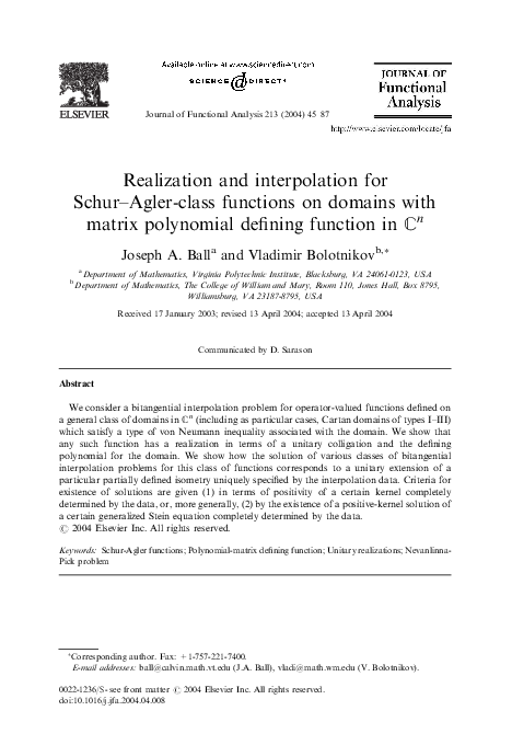 (PDF) Realization and interpolation for Schur–Agler-class functions on domains with matrix ...