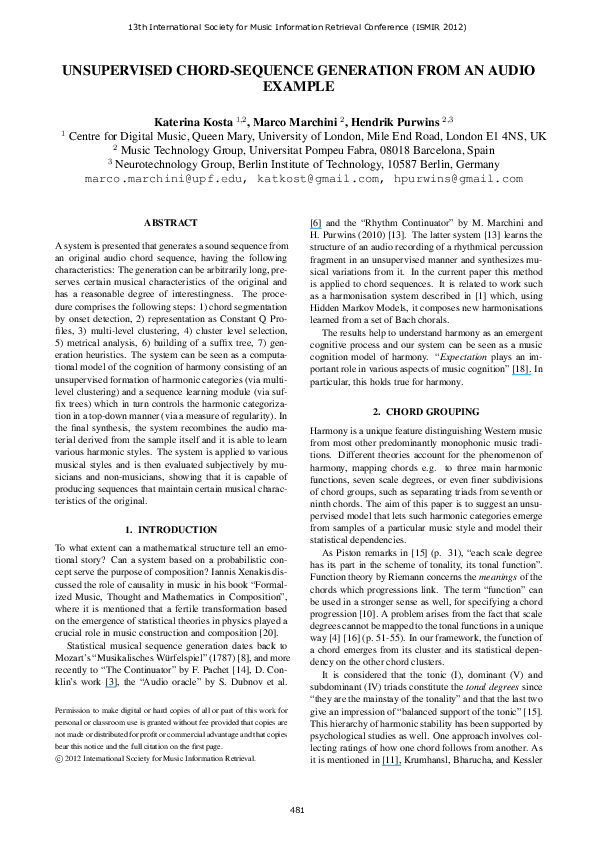 (PDF) Unsupervised Chord-Sequence Generation from an Audio Example