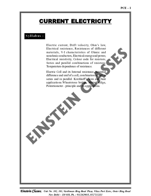 (PDF) PCE – 1 CURRENT ELECTRICITY