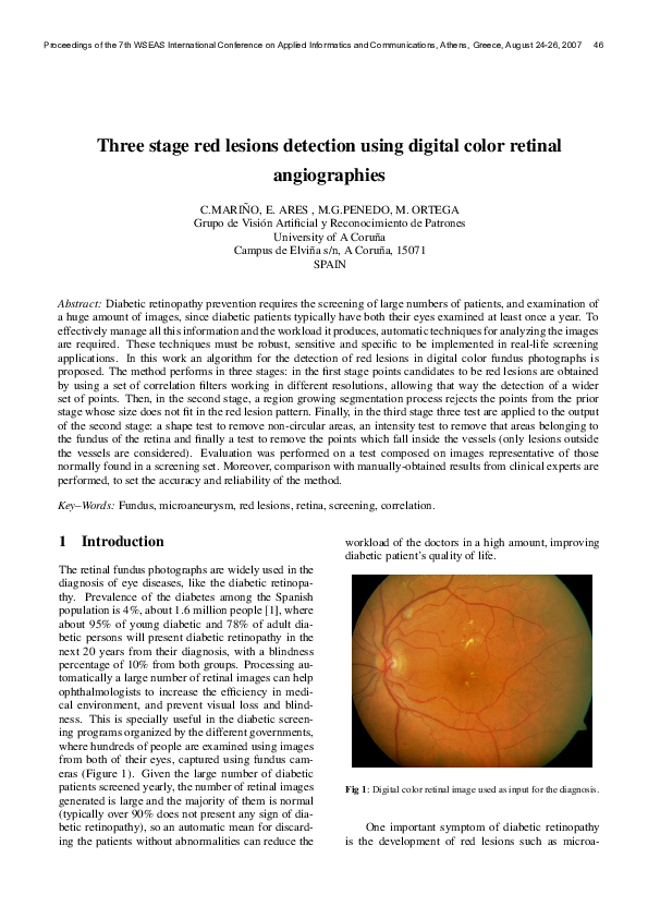 (PDF) Three stage red lesions detection using digital color retinal angiographies | Marcos ...