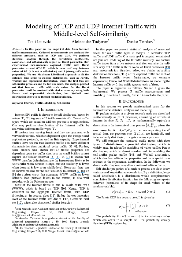Pdf Modeling Of Tcp And Udp Internet Traffic With Middle Level Self Similarity