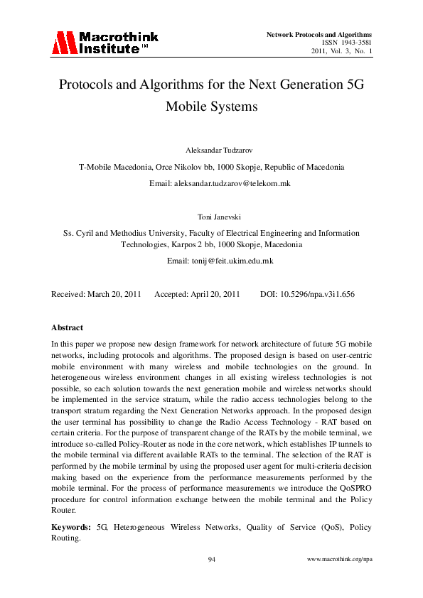Pdf Protocols And Algorithms For The Next Generation 5g Mobile Systems