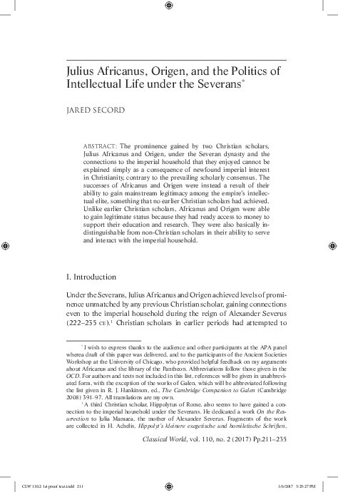 (PDF) Julius Africanus, Origen, and the Politics of Intellectual Life ...