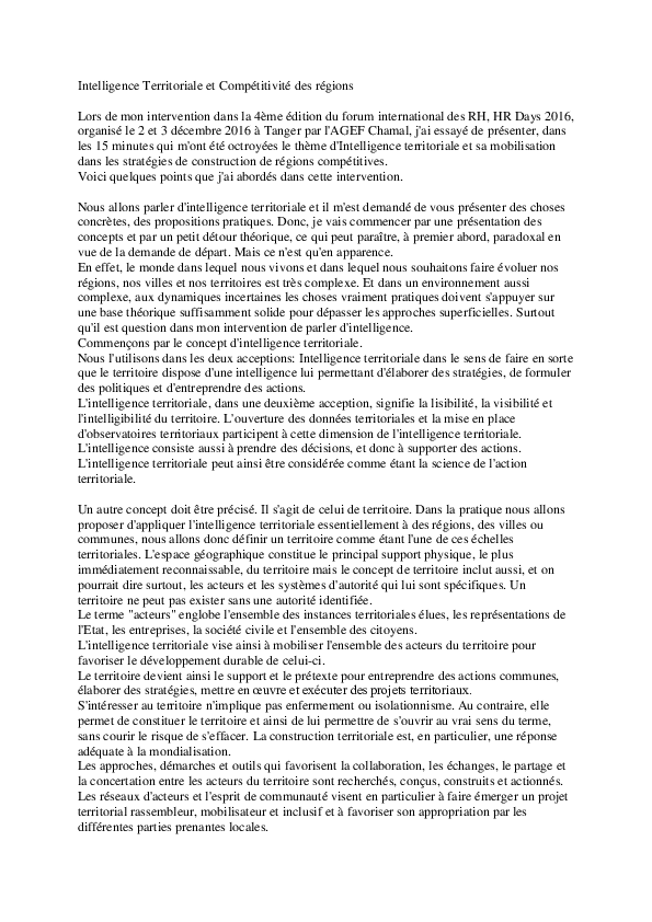 (PDF) Intelligence Territoriale et Compétitivité des régions