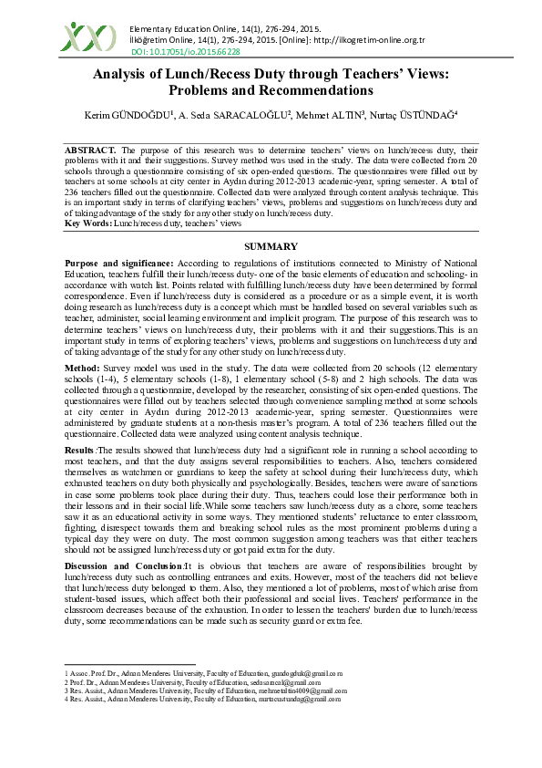 (PDF) Analysis of Lunch/Recess Duty through Teachers' Views: Problems ...