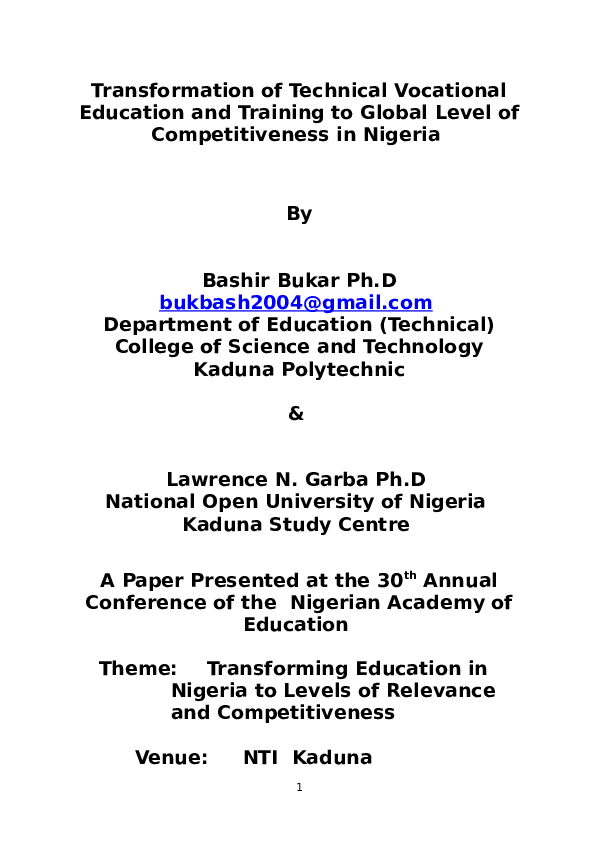(DOC) Transformation of Technical Vocational.docx | Bashir Bukar - Academia.edu