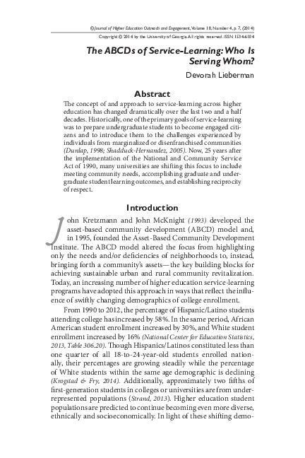 (PDF) The ABCDs of Service-Learning: Who is Serving Whom?