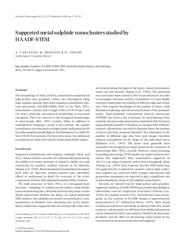 (PDF) Supported metal sulphide nanoclusters studied by HAADF-STEM ...